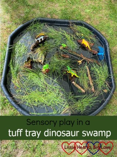 Sensory play in a tuff tray dinosaur swamp - Little Hearts, Big Love